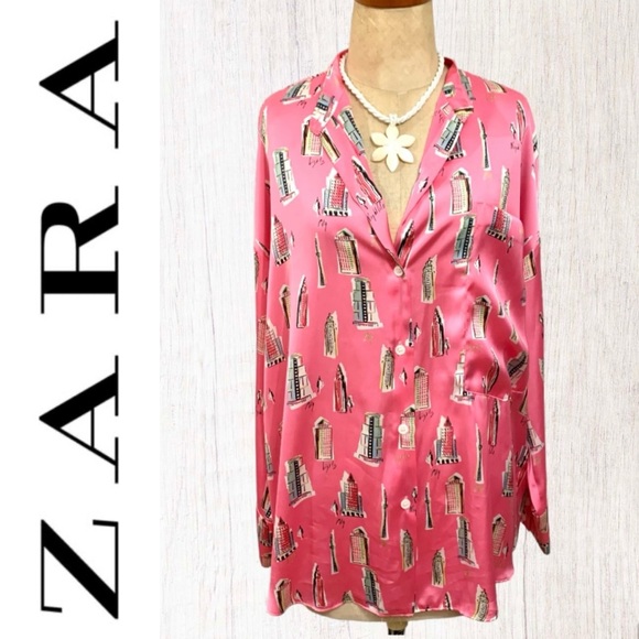 Zara | Tops | Zara Pink City Print Satin Oversize Long Sleeve Button ...
